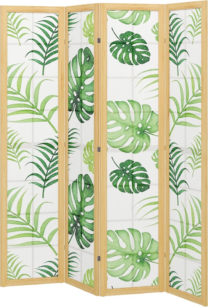 HOMCOM 4-panely skládací paraván, 160 × 170 cm — borovicový rám s potiskem palmových listů, volně stojící přepážka (přírodní/zelená) | Aosom