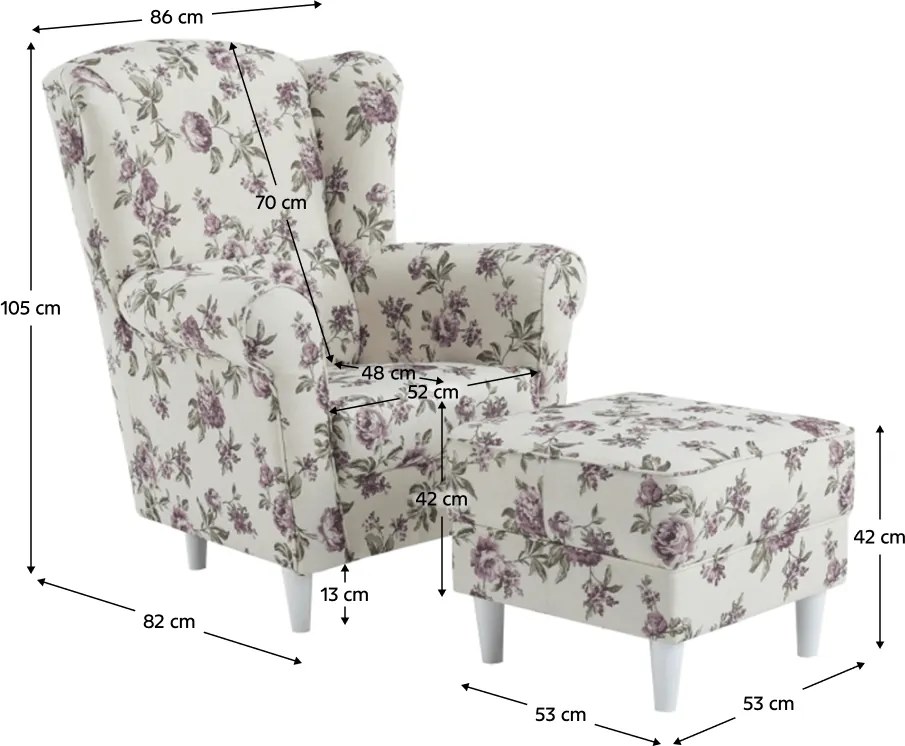 ušák, křeslo, s taburetem, látka vzor rose 18, Tempo Kondela ASTRID