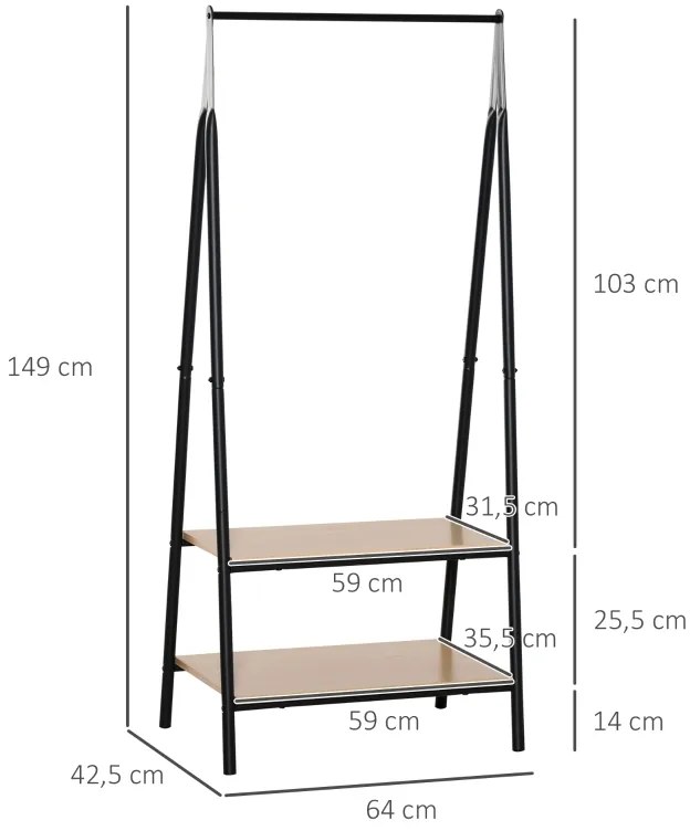 Věšák na šaty se 2 policemi, kov/přírodní dřevo, 149 cm 850-096