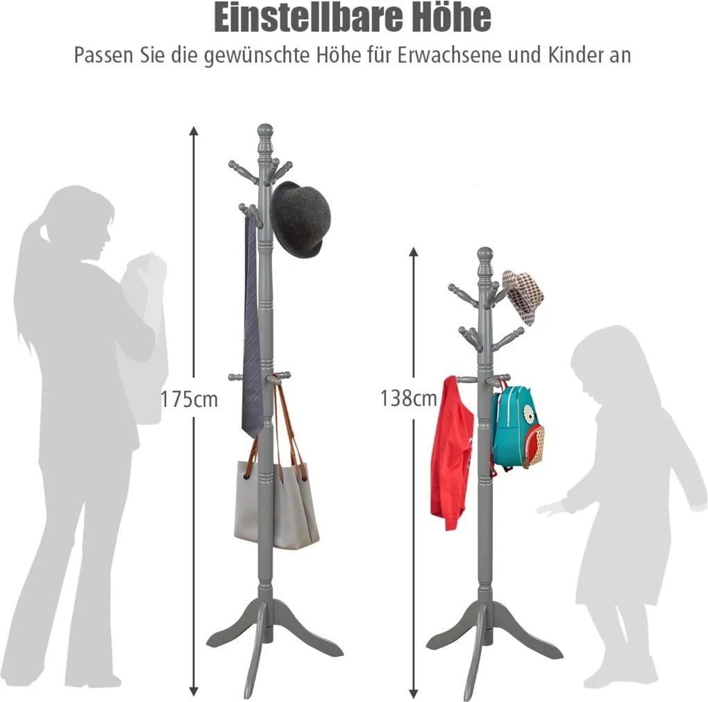 Costway Věšák s 9 háčky volně stojící věšák na šaty s nastavitelnou – šedá
