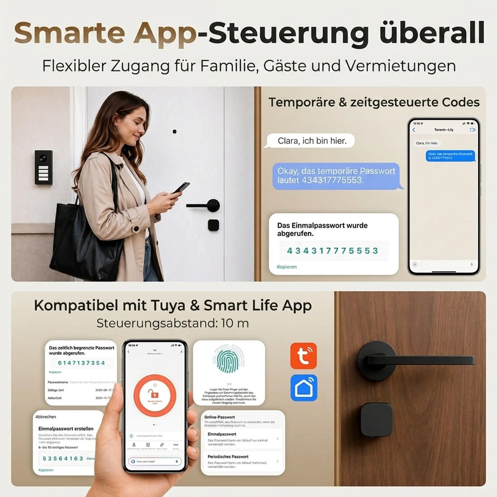 HOMCOM Chytrý dveřní válec, 5 v 1 s otiskem prstu, kódem, aplikací, NFC kartou a klíčem, společný přístup, Bluetooth válec
