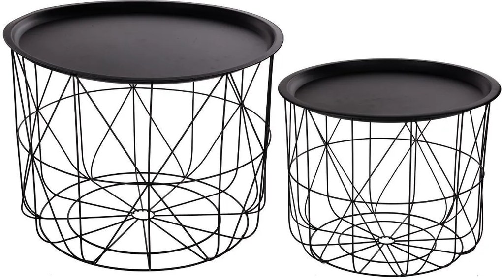 Stolek kávový, kovoý stolek, kulatý stůl, tabuter s úložným prostorem, 2 ks - v moderním stylu, barva černá