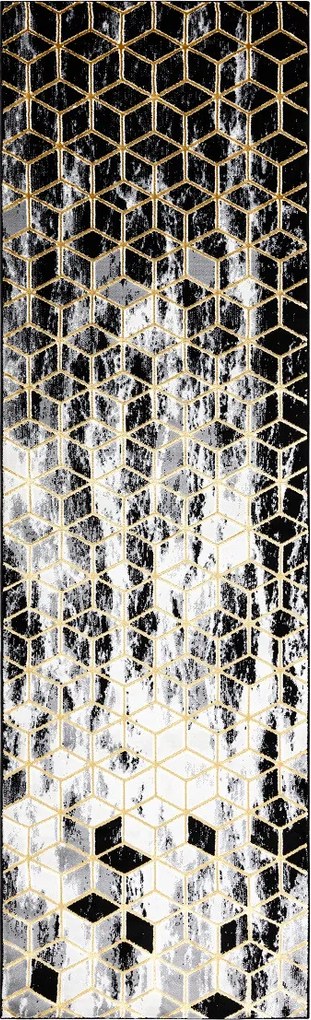 Dywany Łuszczów, Běhoun Gloss 409A 82 3D cubes black/gold/grey, 80x200, černá, obývací pokoj