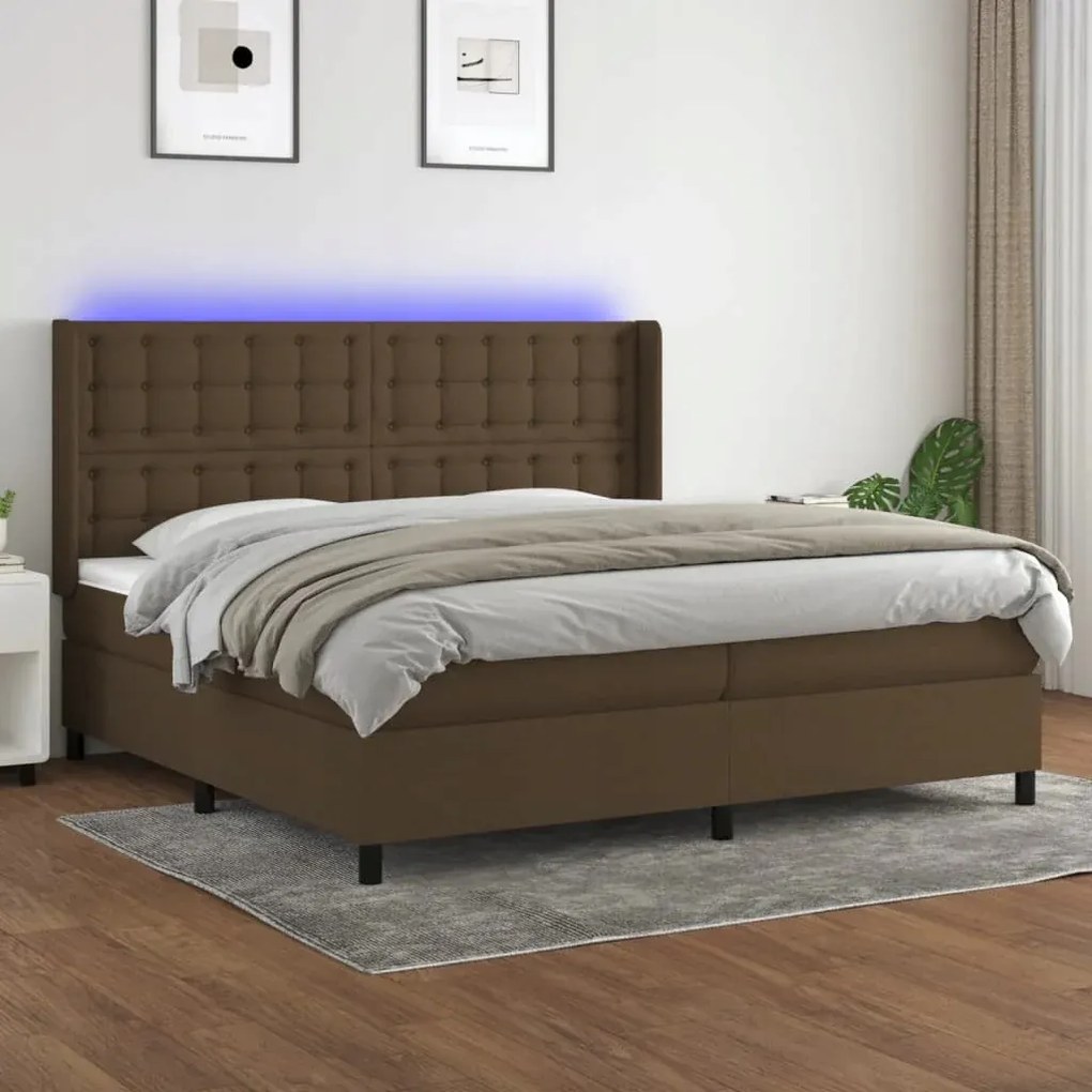 Box Spring Postel S Matrací A Led Textil Tmavě Hnědá tlačítka 200 x 200 c
