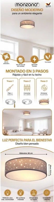 Stropní svítidlo šedý textil Ø30cm hvězdná obloha