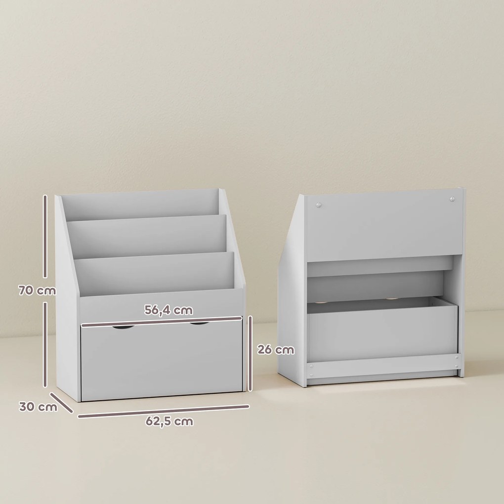 AIYAPLAY dětský regál s 3 policemi a zásuvkou pro extra úložný prostor, 62,5D x 30Š x 70V cm, šedý