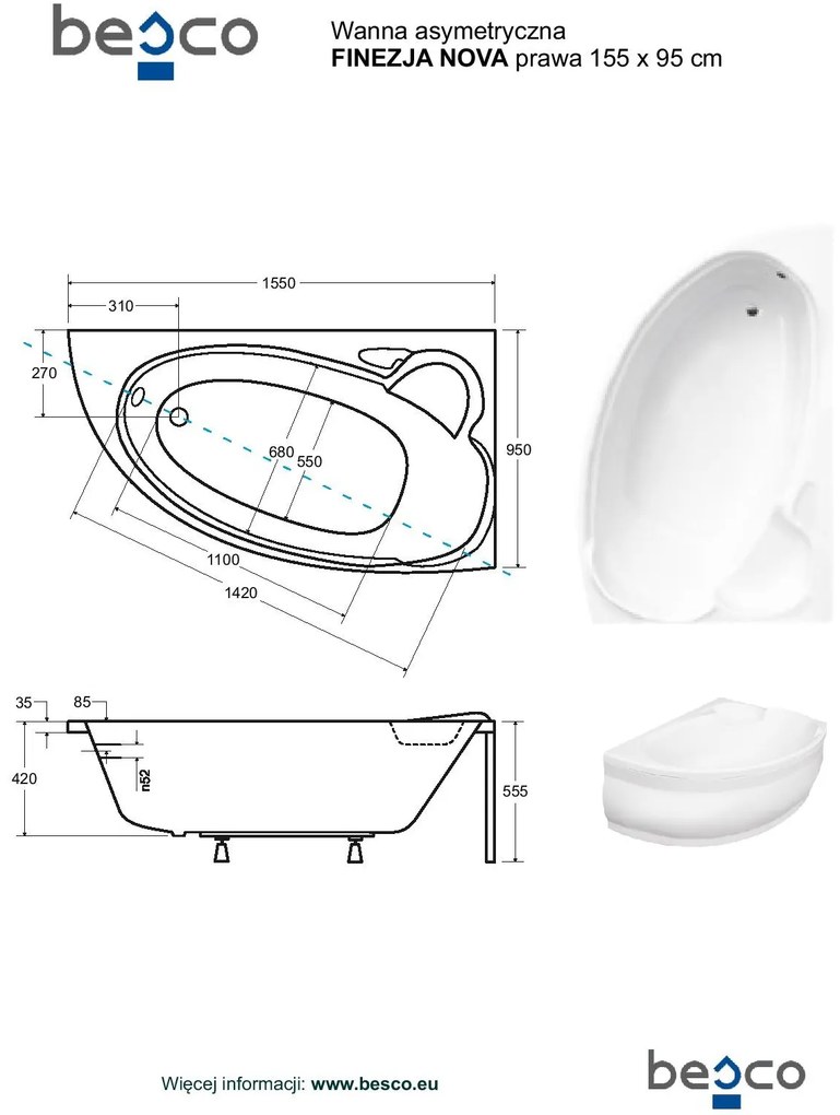 Besco FINEZJA NOVA 155 x 95 cm VANFINN155P vana bez nožiček pravá