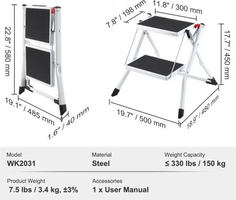 Schůdky, 2stupňová, nosnost 150 kg, Ergonomická skládací ocelová schůdková stolička