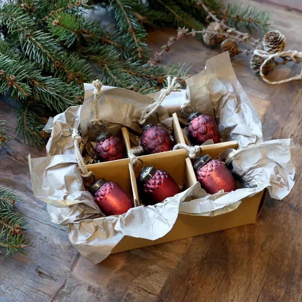 6ks červená antik skleněná vánoční ozdoba šiška a žalud ChicAnt - Ø 3,5*5,5 cm