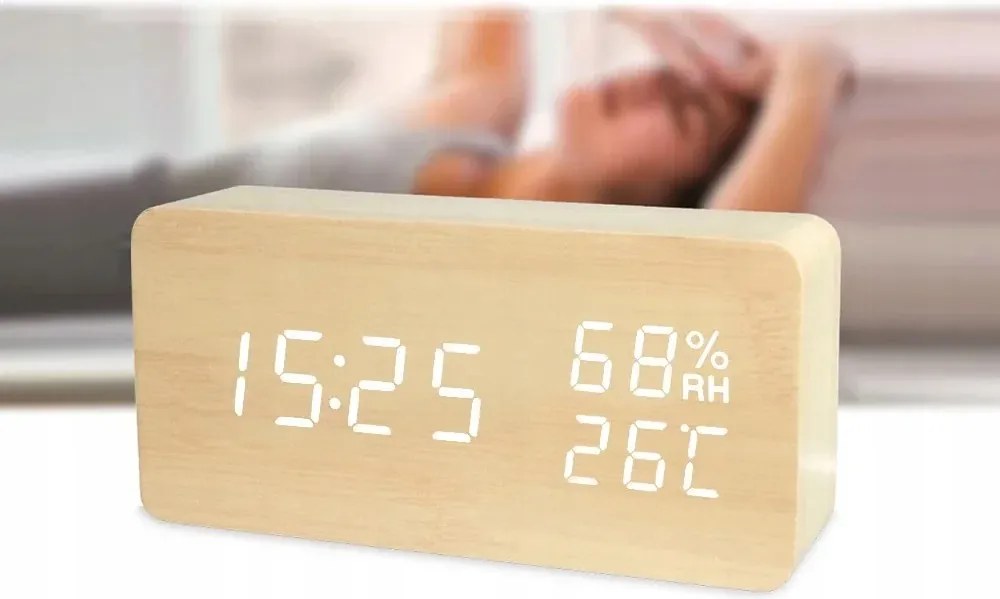 Elektronický budík s teploměrem a vlhkoměrem VERK - USB - dřevěný dekor