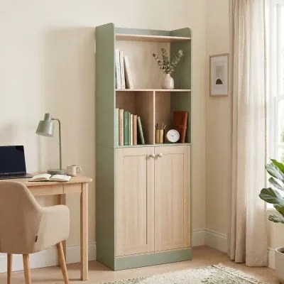 HOMCOM knihovna s 5 patry, úložný nábytek, knihovna se 2 dveřmi, 60x30x161,2 cm, zelená a přírodní dřevo