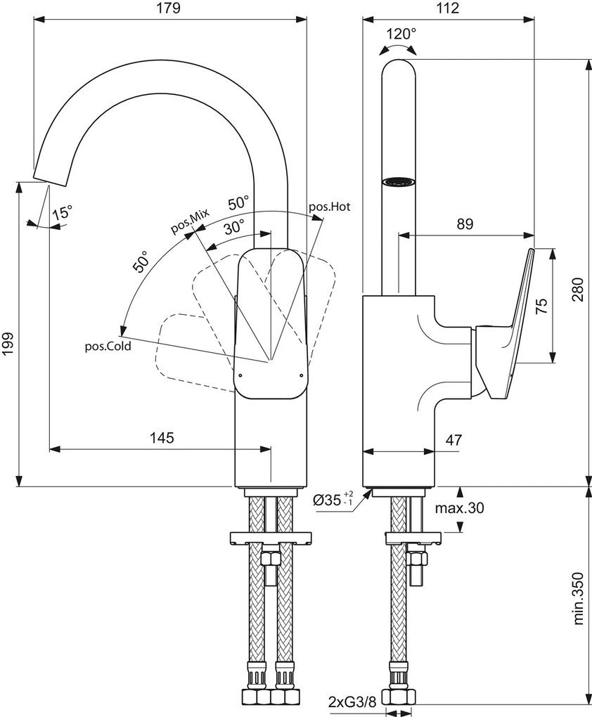 Ideal Standard Ceraplan - Umyvadlová baterie s otočným výtokem bez odtokové garnitury, černá matná BD234XG