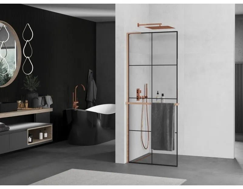 Mexen Kioto+ L, sprchová zástěna Walk-In s poličkou a věšákem 70 x 200 cm, 8mm čiré sklo černý vzor, měděný matný profil, 800-070-123-65-77