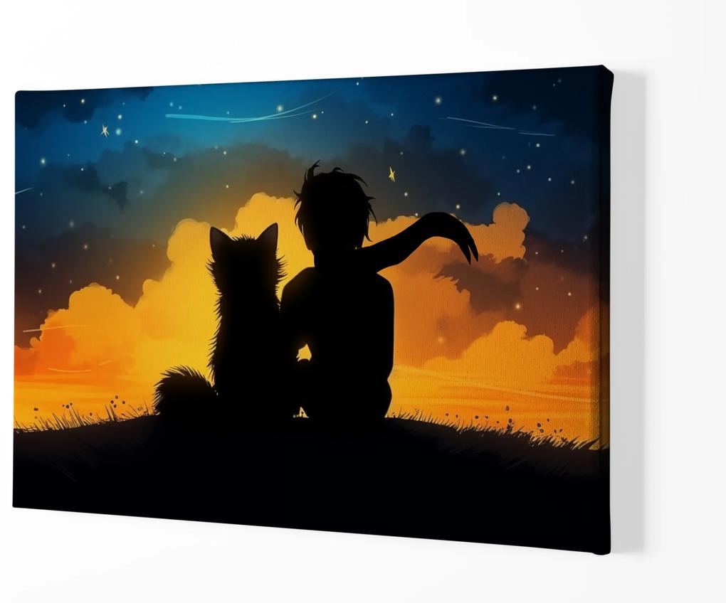 Obraz na plátně - Malý princ a liška pozorují nádherný západ slunce (siluety) FeelHappy.cz Velikost obrazu: 90 x 60 cm
