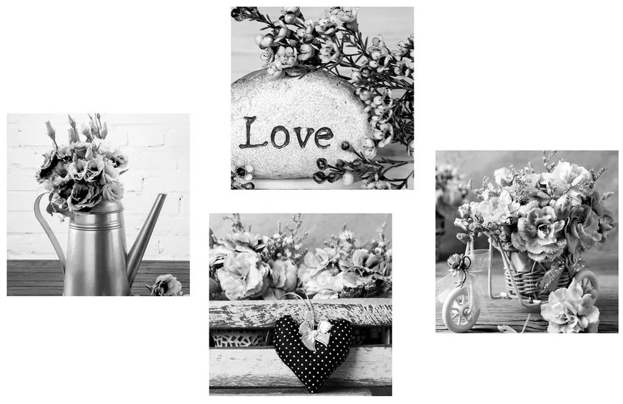 Set obrazů romantické vintage zátiší v černobílém
