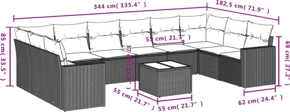 11dílná zahradní sedací souprava s poduškami černá polyratan 3251813