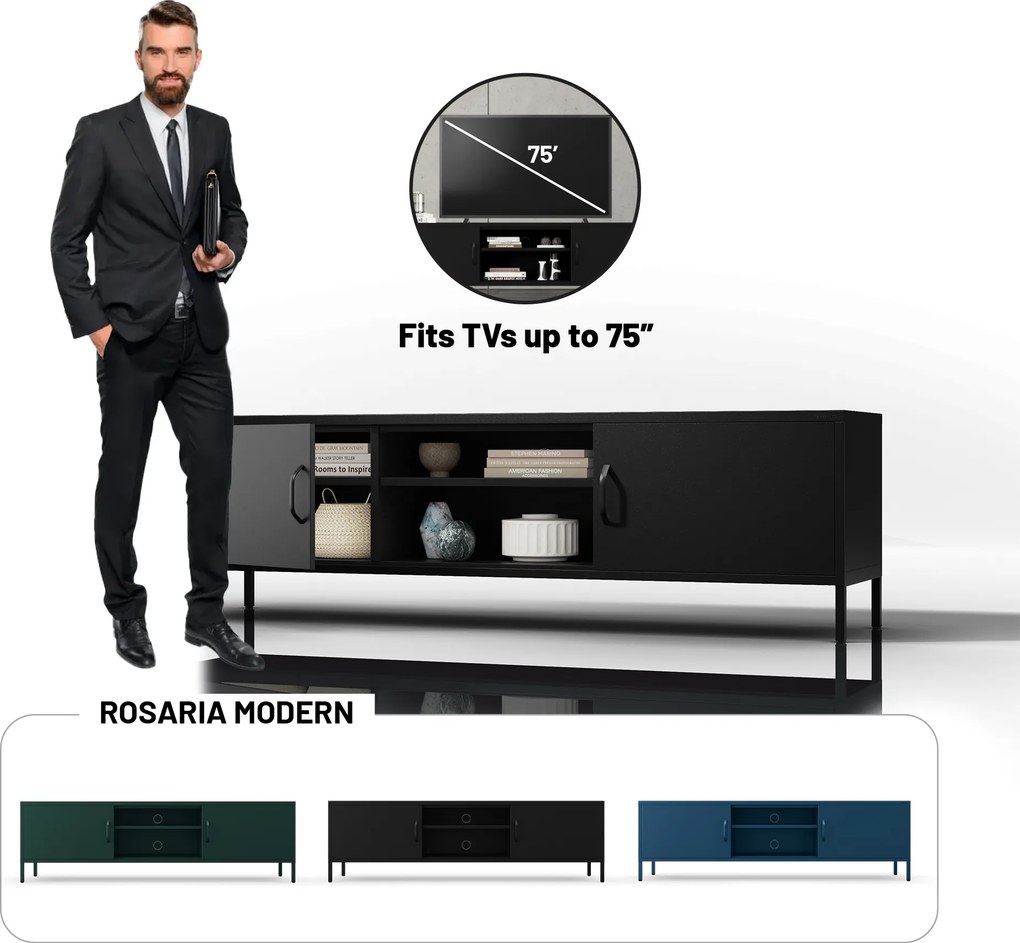 TV stolek kovový široký XL na nožkách, černá, 1700x400x500 mm: ROSARIA