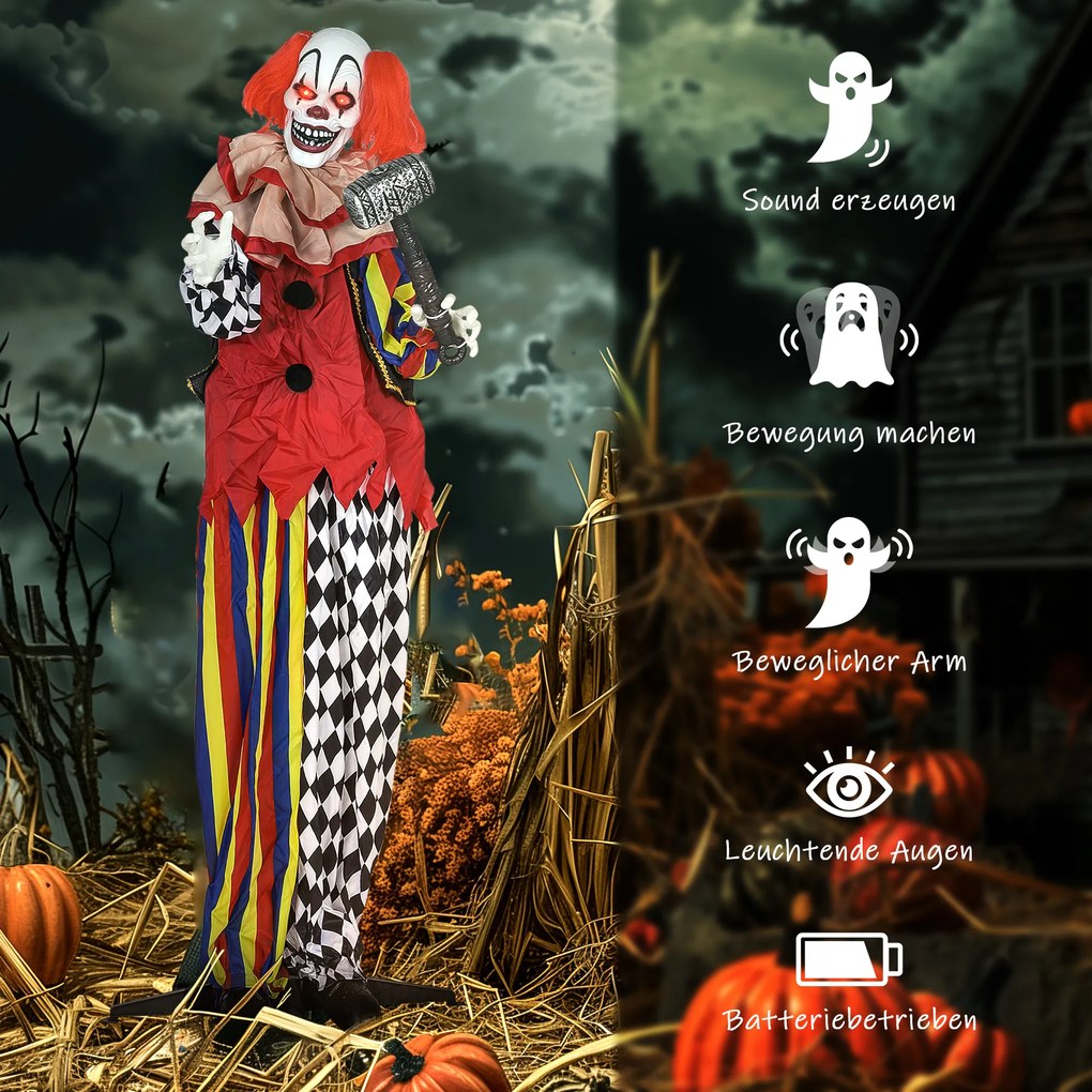 Outsunny Hrůzostrašný klaun, animatronika na Halloween, 173 cm, svítící oči, aktivace zvukem, pohyblivé paže a hlava, na baterie, plast, kov, červená
