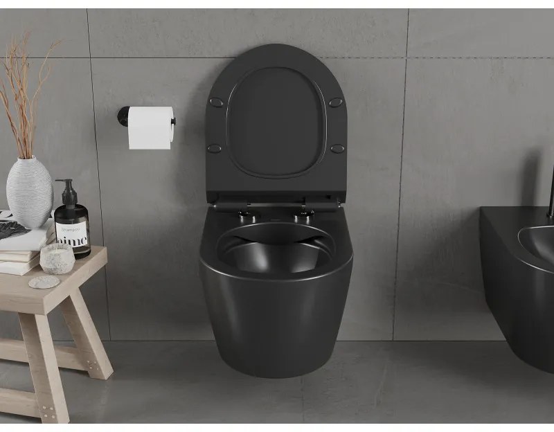Mexen Carmen závěsné wc Rimless s toaletním Slim sedátkem z duroplastu, černá matná - 30880185