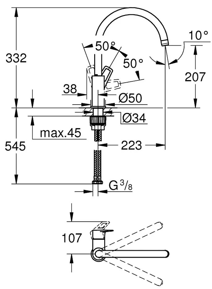 Grohe Bau Loop - Dřezová baterie stojánková, horní rameno, chrom 31368001