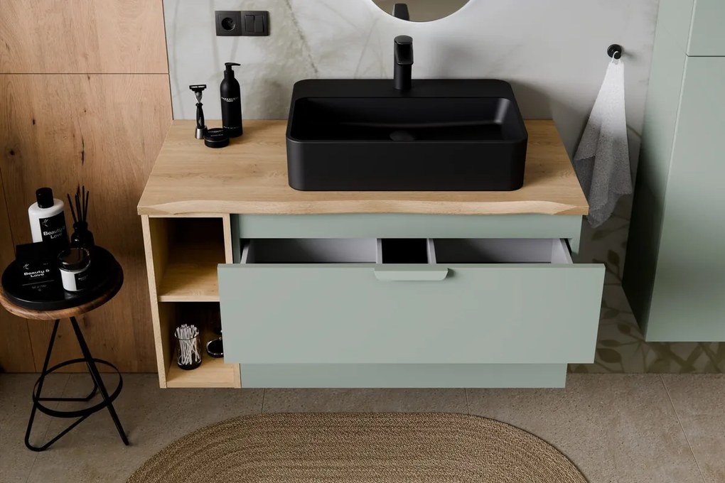 Závěsná skříňka pod umyvadlo Aster s deskou a regály 120 cm zelená/dub cremona