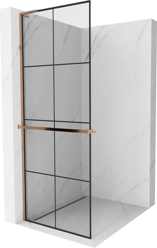 Mexen Kioto+ L, sprchová zástěna Walk-In s poličkou a věšákem 90 x 200 cm, 8mm čiré sklo černý vzor, ​​růžové zlato profil, 800-090-123-60-77