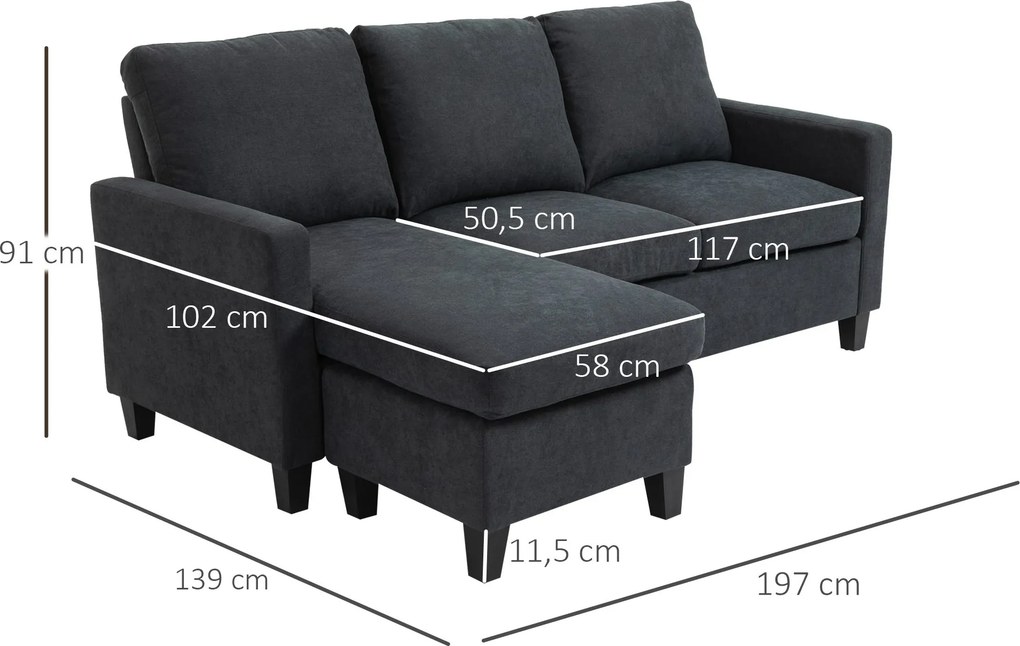HOMCOM Rohová Sedačka se Spací Funkcí, 3místná Sedačka s Polštáři, L-Tvarovaný Gauč do Obývacího Pokoj, Ložnice 197 x 139 x 91 cm, Polyester, Tmavě š…