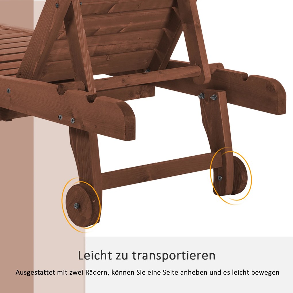 Outsunny lehátko, mobilní zahradní lehátko, křeslo na slunce, plážové lehátko, borovicové dřevo, červenohnědá