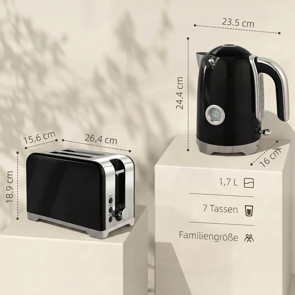 HOMCOM Sada konvice a toustovače s teploměrem, 1,7 l, 2200 W konvice, dvouštěrbinový toustovač se 7 stupni opečení