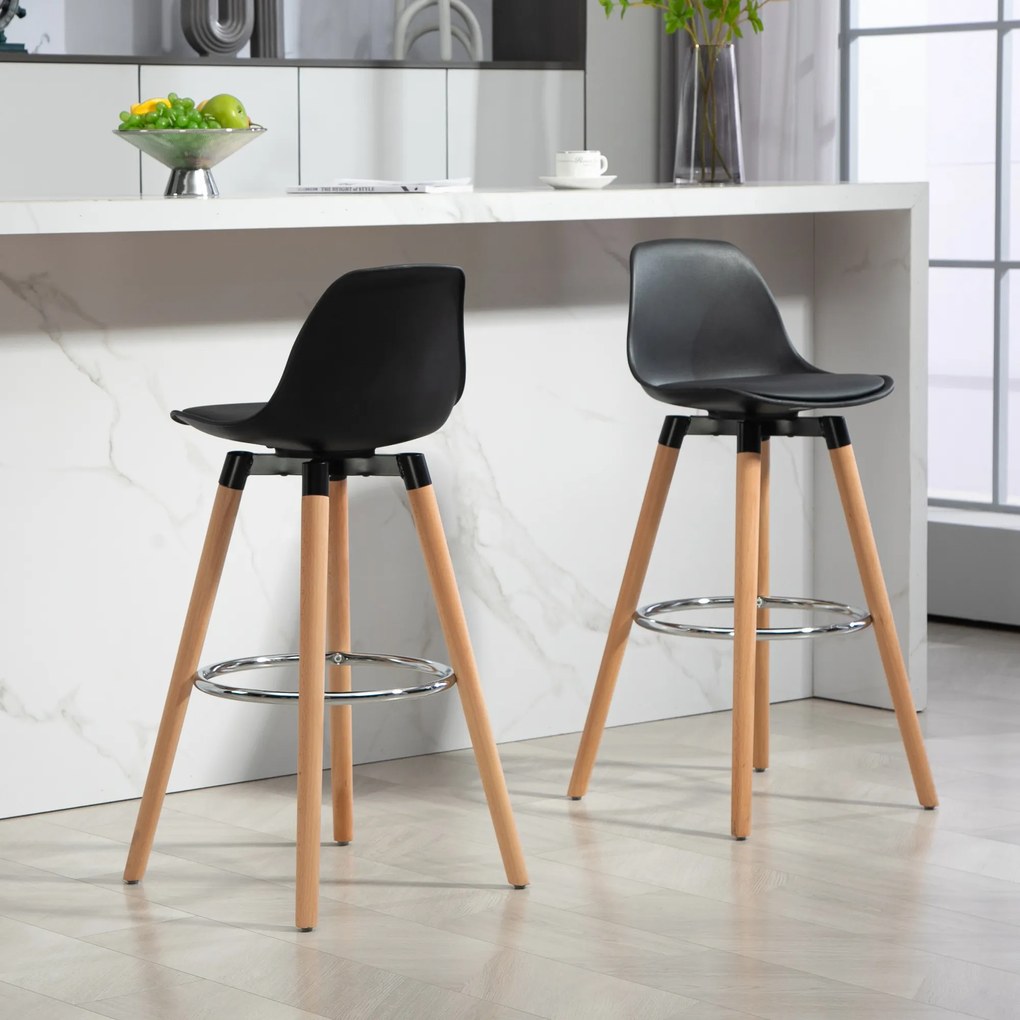HOMCOM Sada 2 vysokých kuchyňských barových židlí, výška sedáku 69 cm, čalouněné PU s opěrkou a dřevěnými nohami pro jídelnu, černé