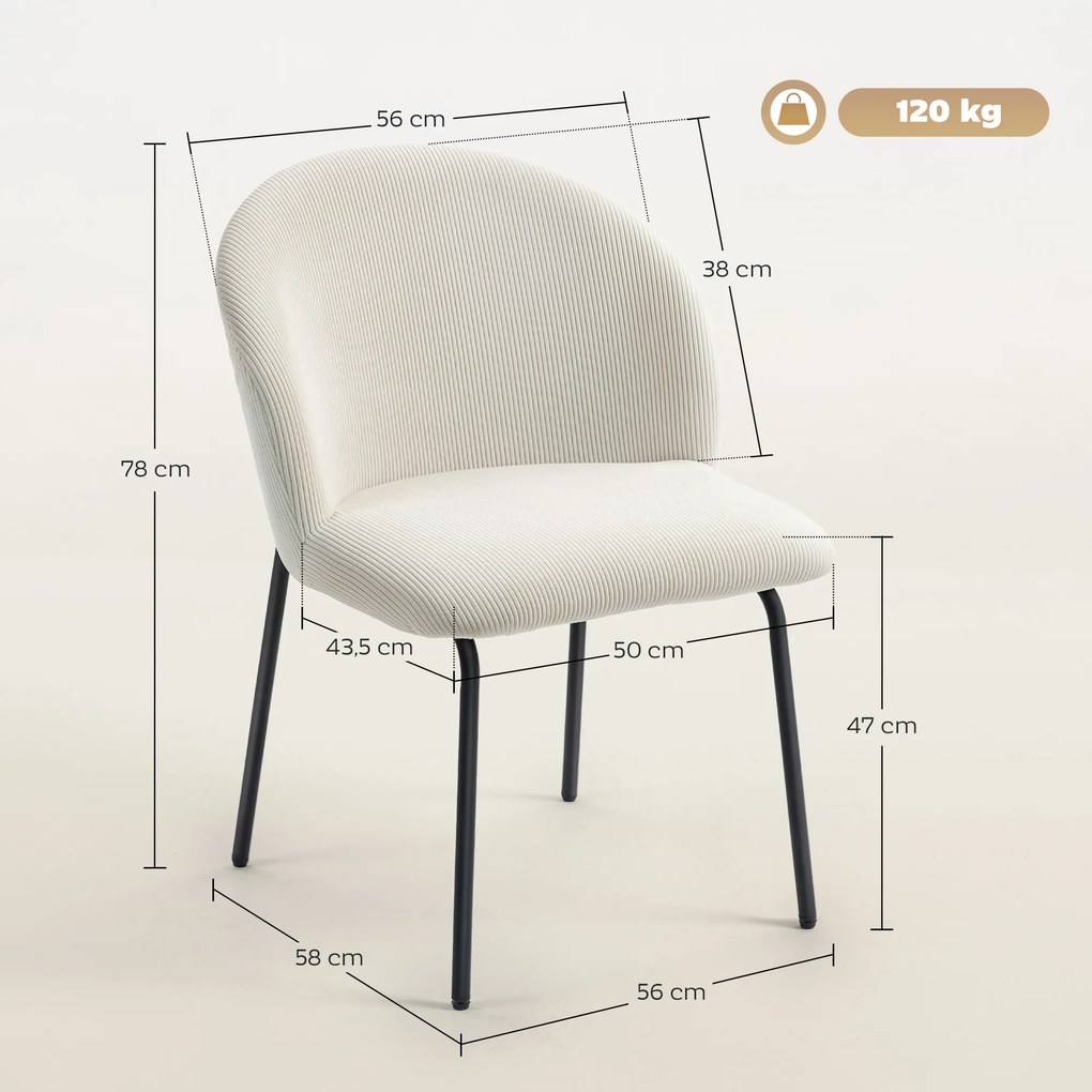 HOMCOM Set 2 židlí do jídelny z žebrovaného sametu, kuchyňské židle s kovovými nohami, 56x58x78 cm, krémové