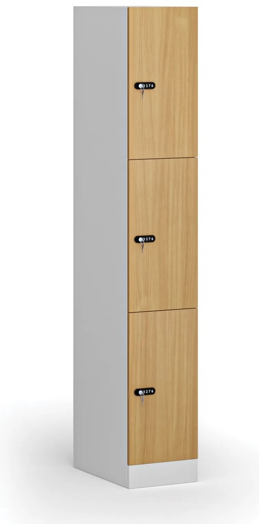 Šatní skříňka S1 s úložnými boxy, 3 boxy, 1850 x 300 x 500 mm, mechanický kódový zámek, laminované dveře, buk