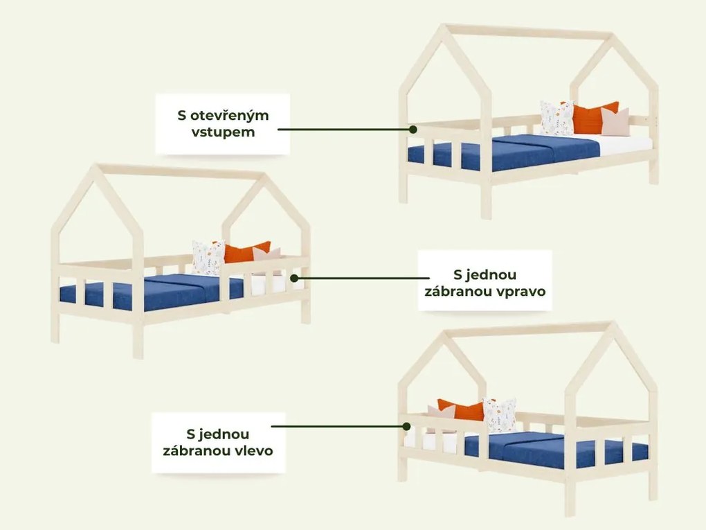 Benlemi Dětská postel domeček FENCE 2v1 ze dřeva se zábranou Zvolte barvu: Pastelově růžová, Zvolte rozměr: 90x190 cm, Zvolte zábranu: S jednou zábranou vpravo