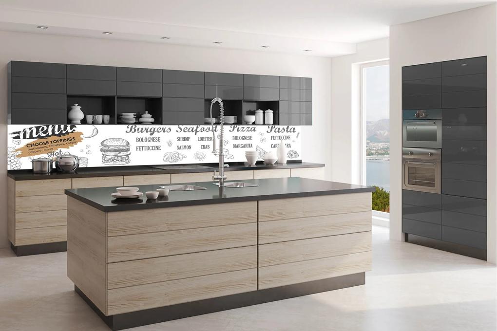 DIMEX | Fototapeta do kuchyně Bílá restaurační cedule KI-350-226 | 350 x 60 cm | šedá, béžová, bílá