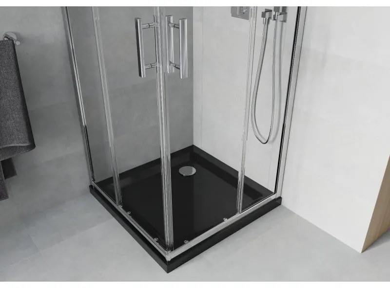 Mexen Rio, čtvercový sprchový kout s posuvnými dveřmi 80 x 80 cm, 5mm čiré sklo, chromový profil + černá sprchová vanička, 860-080-080-01-00-4070