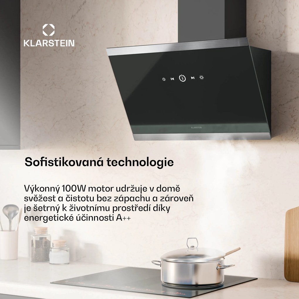 Klarstein FlashLine digestoř, A++, 578 m³/h, 3 úrovně, dotyková, tichá, LED, odsávání/recirkulace, 100 W