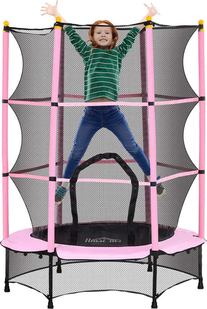 HOMCOM Dětská trampolína Ø140 cm, Trampolína s ochrannou sítí, Kryt okraje, Zahradní trampolína pro děti 3-10 let, Do 50 kg, Růžová | Aosom