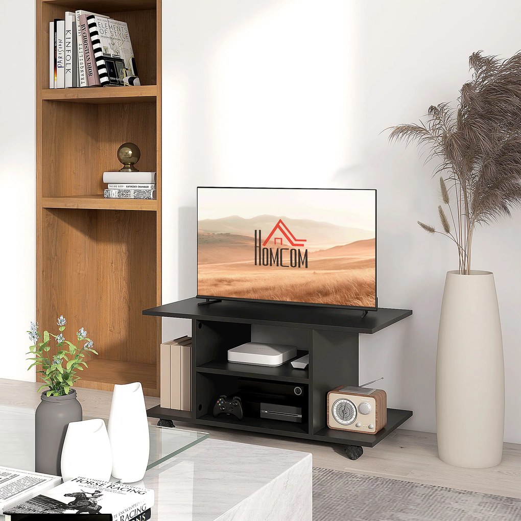 HOMCOM TV stolek, TV jednotka s policemi a uzamykatelnými kolečky, melaminový povrch 80x40x40 cm černá