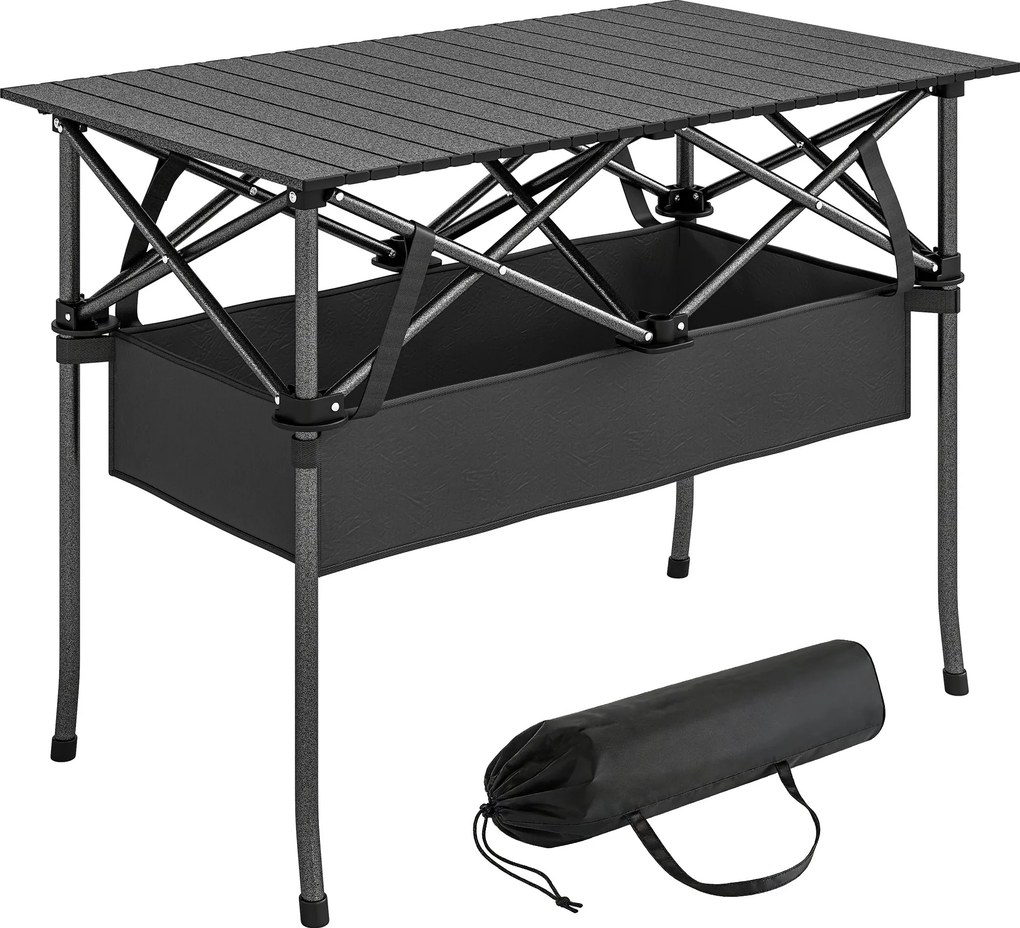 Skládací kempingový stůl Outsunny, 93 x 55 x 68 cm, rolovací hliník s úložnou sítí, kovový rám, černý | Aosom