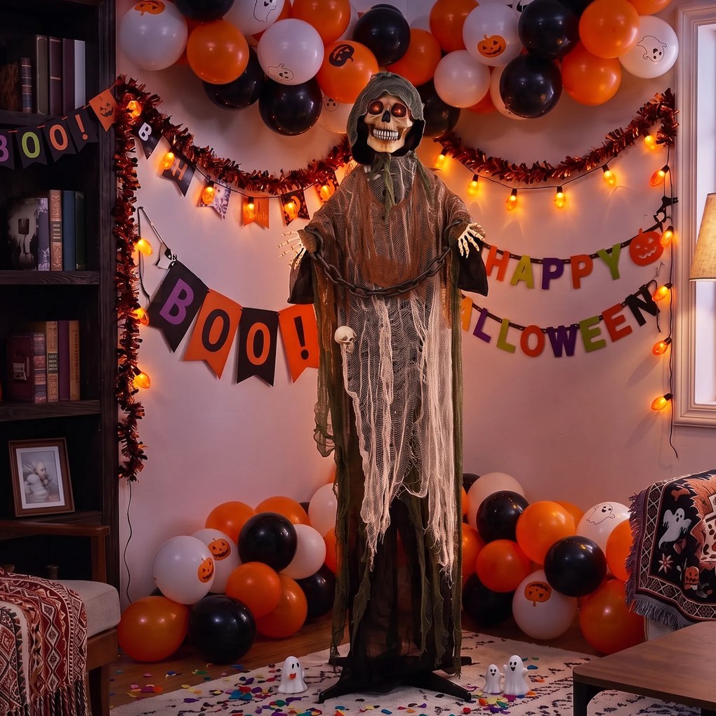 HOMCOM Animovaný Smrtka, 170 cm, životní velikost Halloween animatroniky s pohyblivýma rukama/hlavou, svítícíma očima a strašidelným zvukem