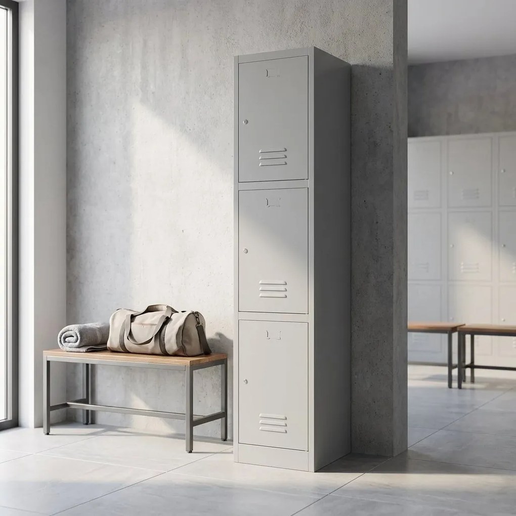 Kovová šatní skříňka - 3 boxy, 38 x 45 x 185 cm, cylindrický zámek, šedá - ral 7035