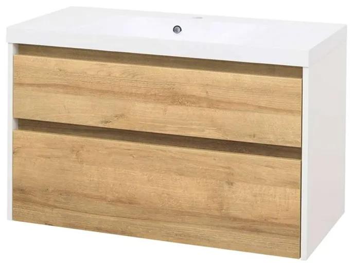 Mereo, Opto, koupelnová skříňka s umyvadlem z litého mramoru 101 cm, bílá/dub Riviera CN932M