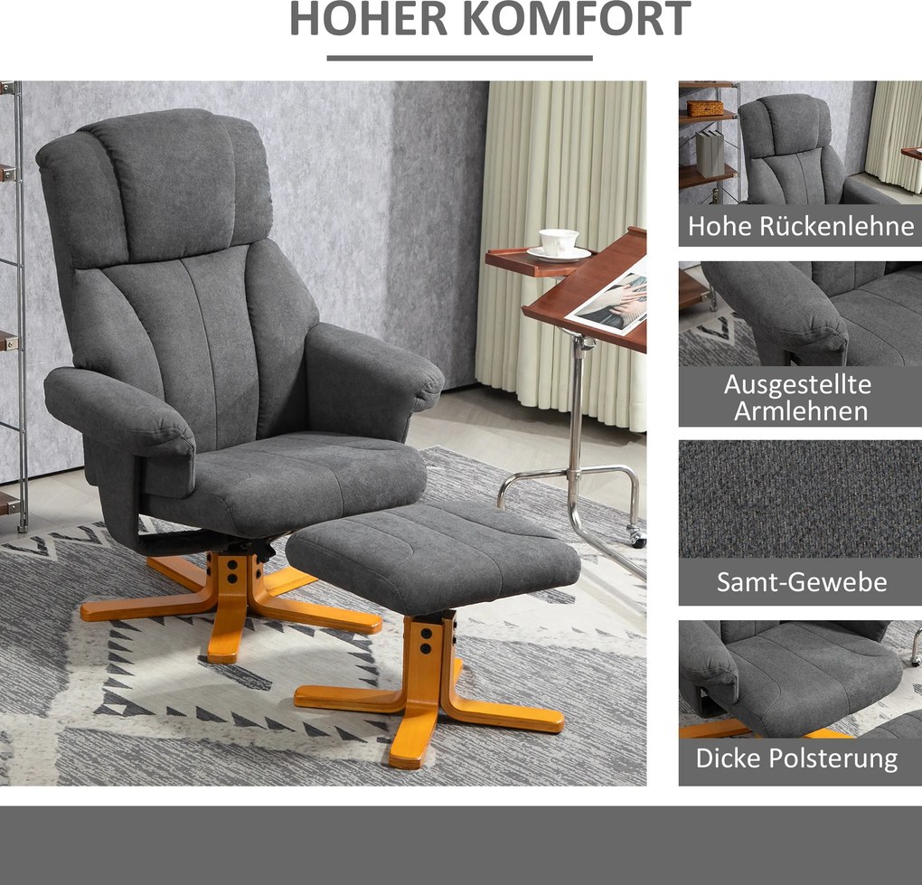 HOMCOM polohovatelné křeslo s funkcí sklápění, polohovatelné křeslo s taburetem, TV křeslo, max. nosnost 150 kg, do obývacího pokoje, ložnice, 79 x 8…