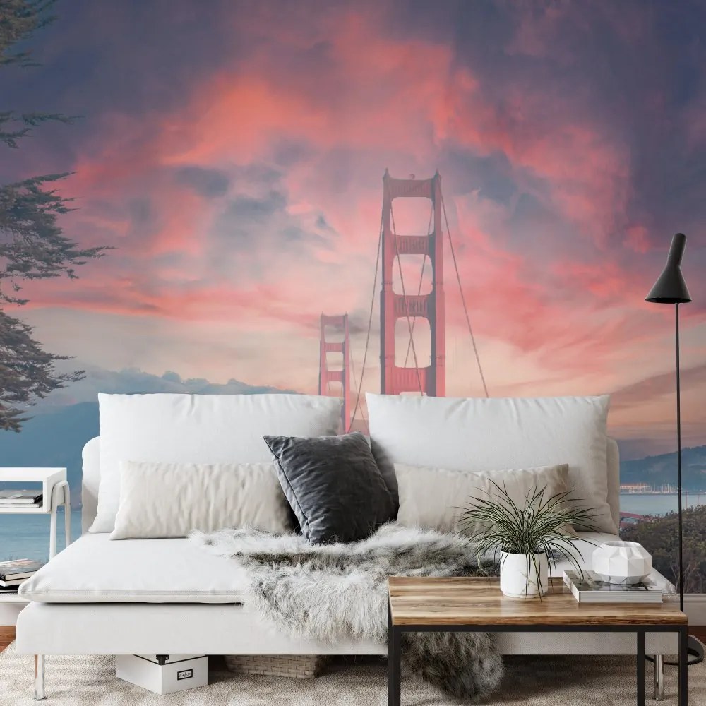 Fototapeta Beautiful View Of Golden Gate Bridge In Background Of Mountains During Sunset Hladký vinyl 416x254