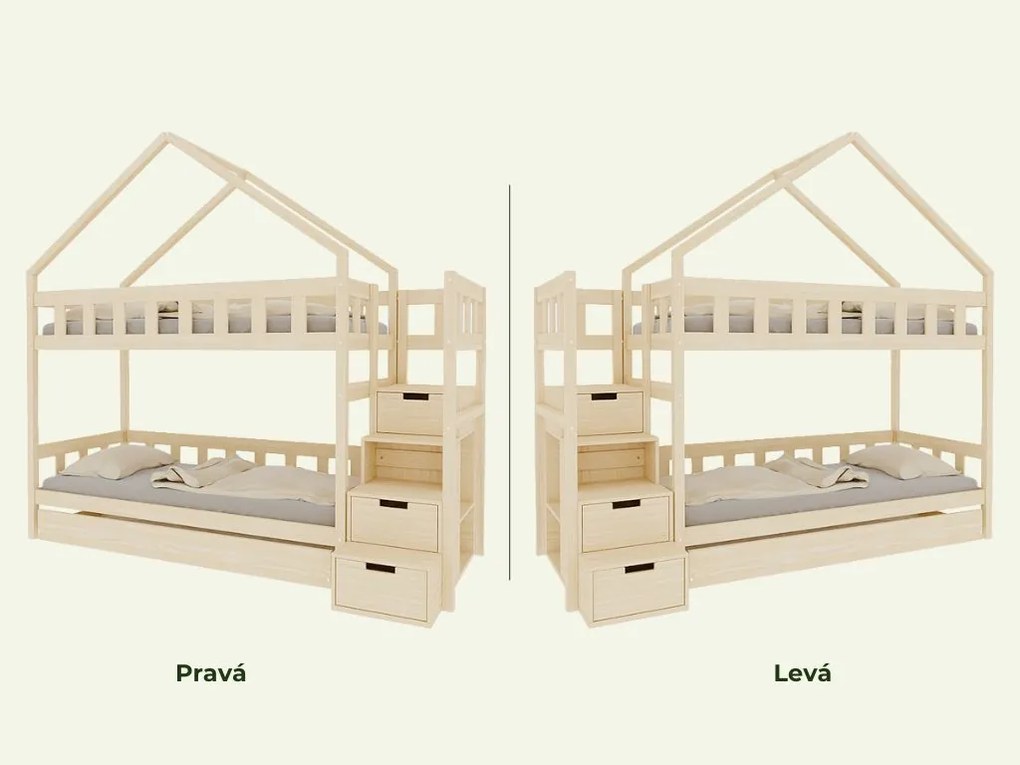 Benlemi Domečková patrová postel PLOTTY s úložnými schody 90x200 cm Zvolte barvu: Transparentní vosková lazura matná, Zvolte šuplík: Bez šuplíku, Zvolte stranu: Vlevo