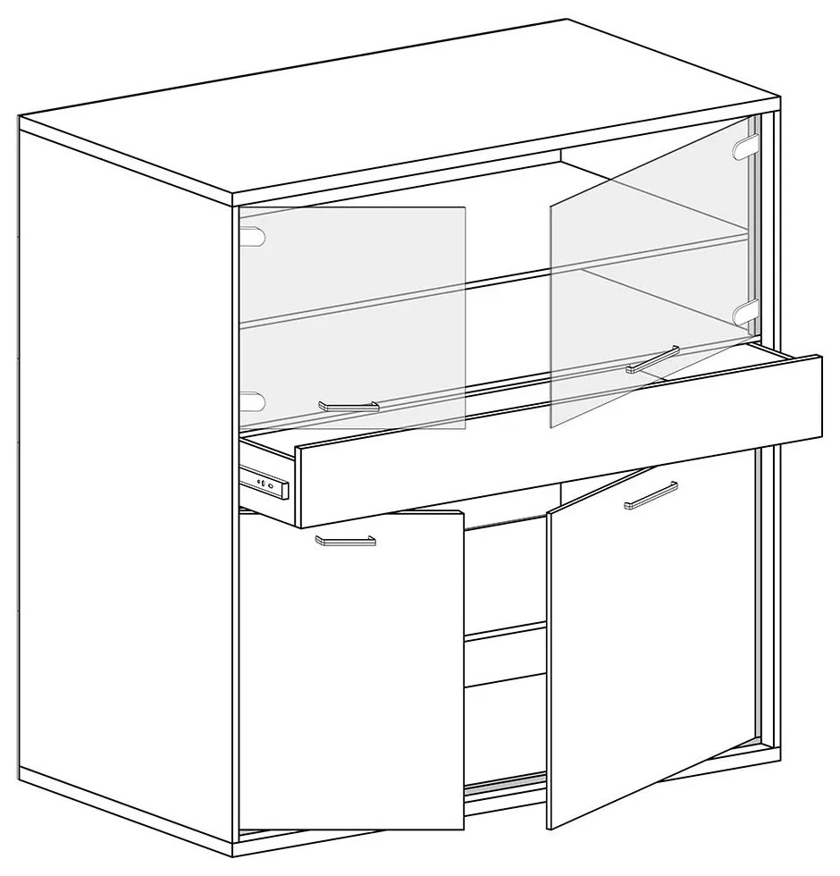 Mediolan - vitrína M5 + KOVOVÉ NOŽIČKY - natural hikora + dekorační deska