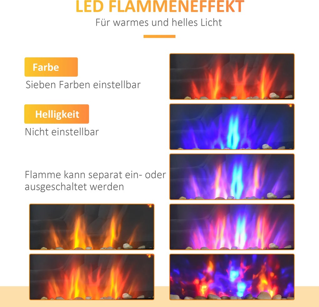 HOMCOM Elektrický krb s LED efektem plamene,1000/2000W, nástěnný krb v 7 barvách, elektrický krb s dálkovým ovládáním, nástěnný, černý | Aosom