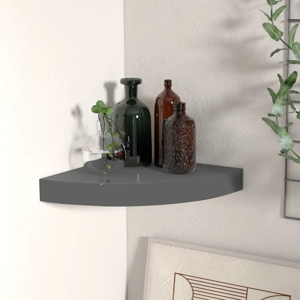Plovoucí rohová police šedá vysoký lesk 25 x 25 x 3,8 cm MDF 323892
