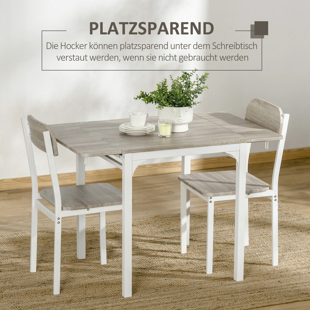 HOMCOM 3 TLG jídelní set se 2 židlemi a 1 stolem skládací deska 120 x 60 x 75 cm ocel MDF přírodní bílá ideální do kuchyně a jídelny