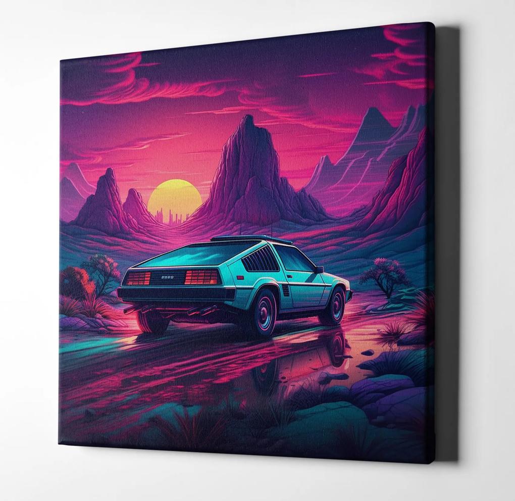 Obraz na plátně - Retrowave auto v pustině při západu slunce FeelHappy.cz Velikost obrazu: 100 x 100 cm
